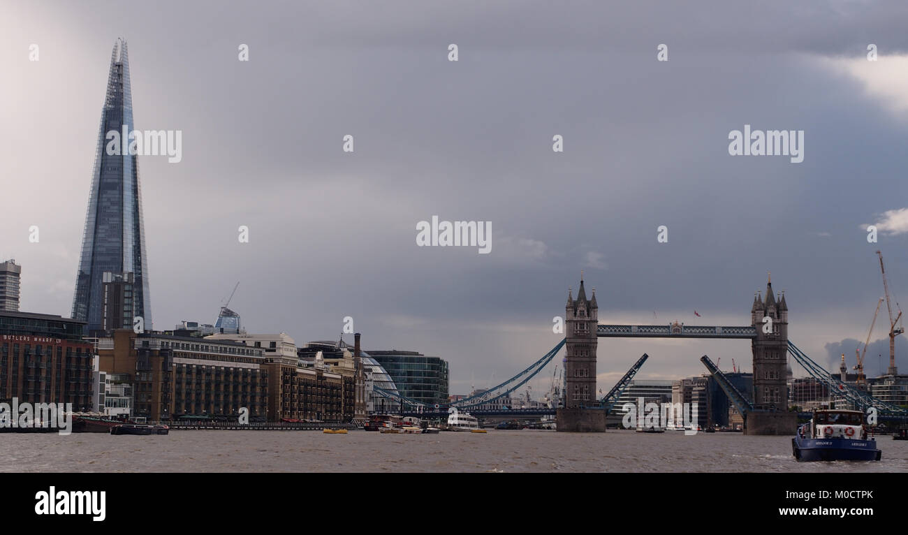 A view looking west towards Tower Bridge, London, with the bridge ...