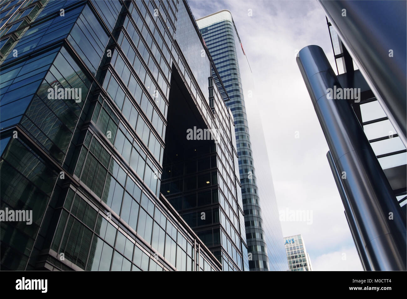 A view with reflections on tall,glass office buildings in the financial ...