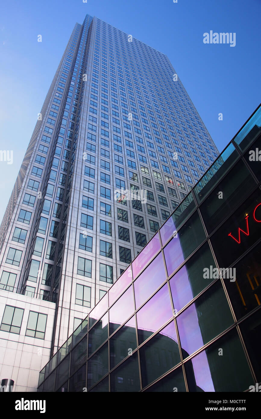 A view with reflections on tall,glass office buildings in the financial ...