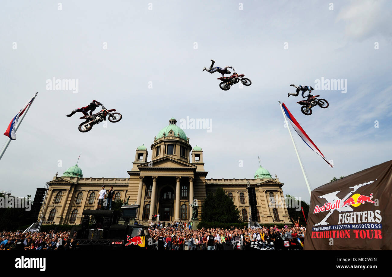 Belgrade, Serbia - May 31, 2009: Bikers jump during Red bull fighters ...