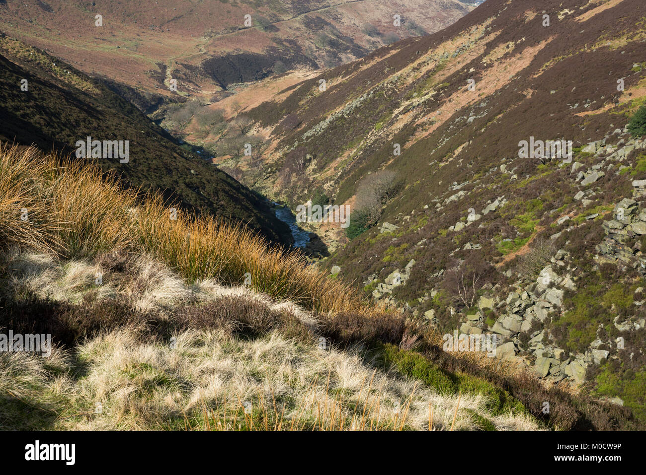 The Pennine way at Torside Clough in spring sunshine. Derbyshire ...