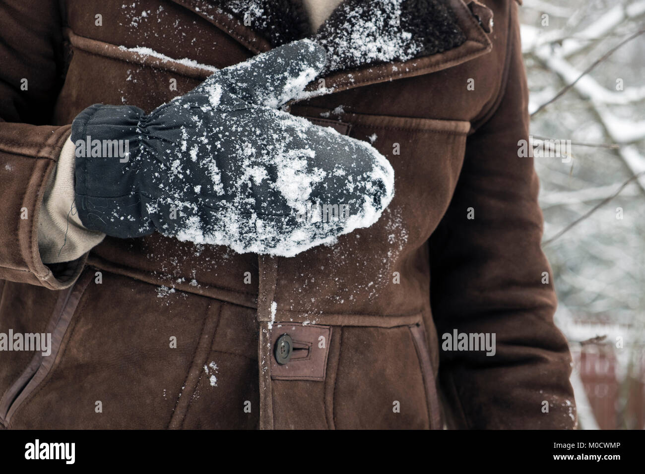 Human hand wearing winter clothes posing outside, trees in snow in the ...