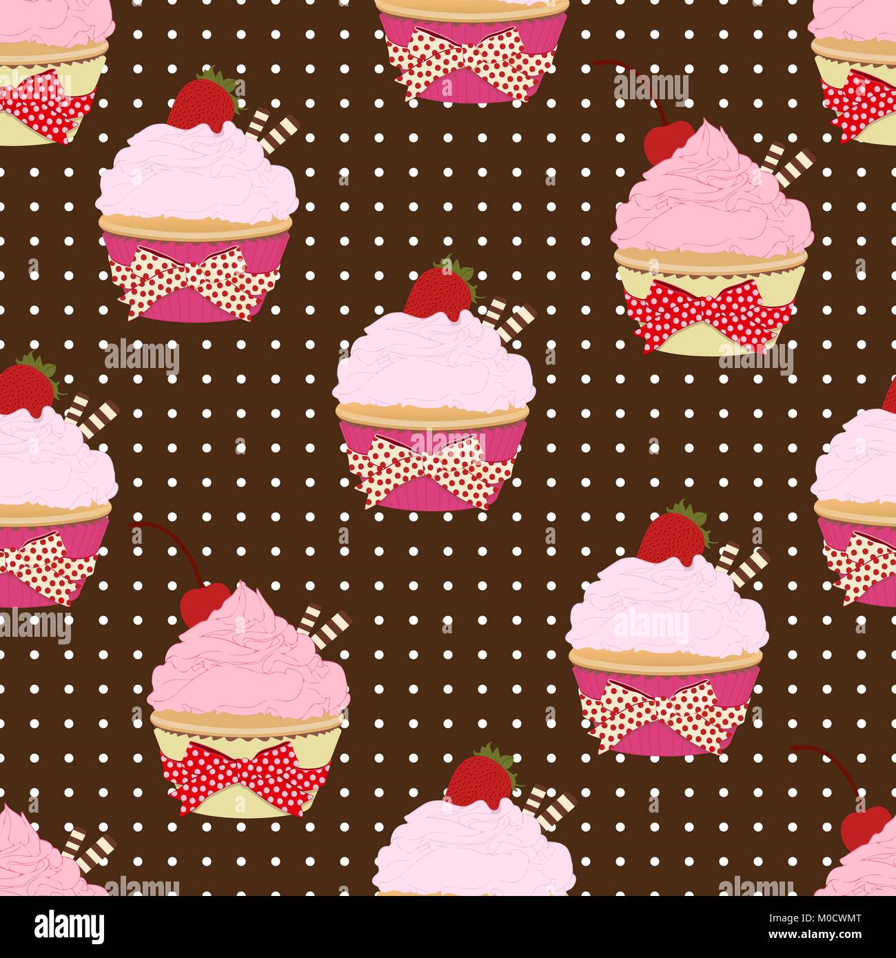 Cupcake seamless pattern, vector background. Cakes with pink fruit cream, with a cherry on top ...