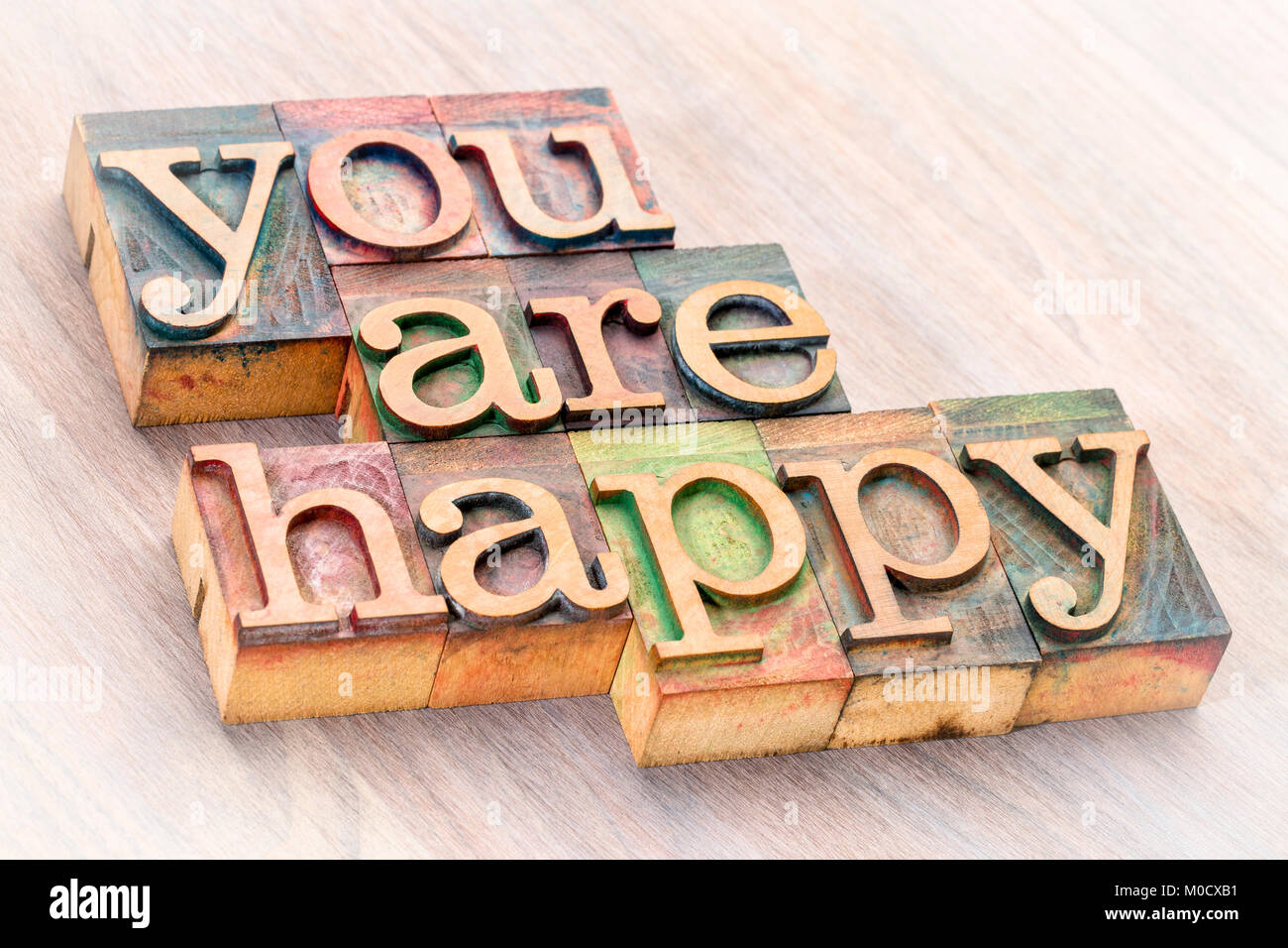 You are happy positive affirmation - word abstract in letterpress wood ...