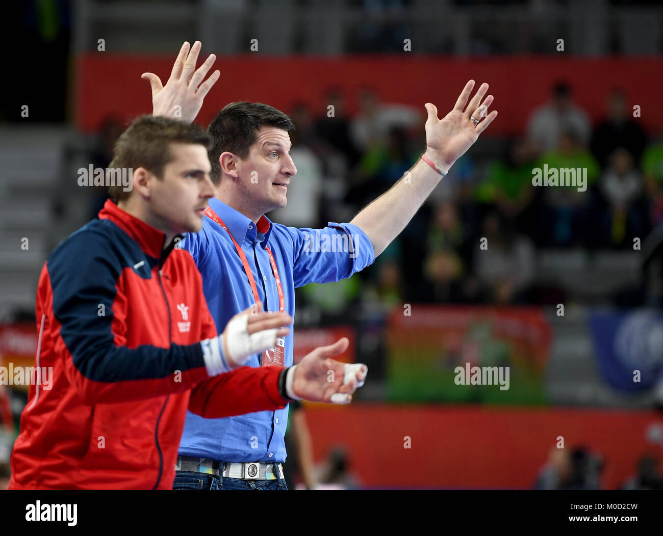 Czech Republic coach Daniel Kubes (R) gives instructions during the ...
