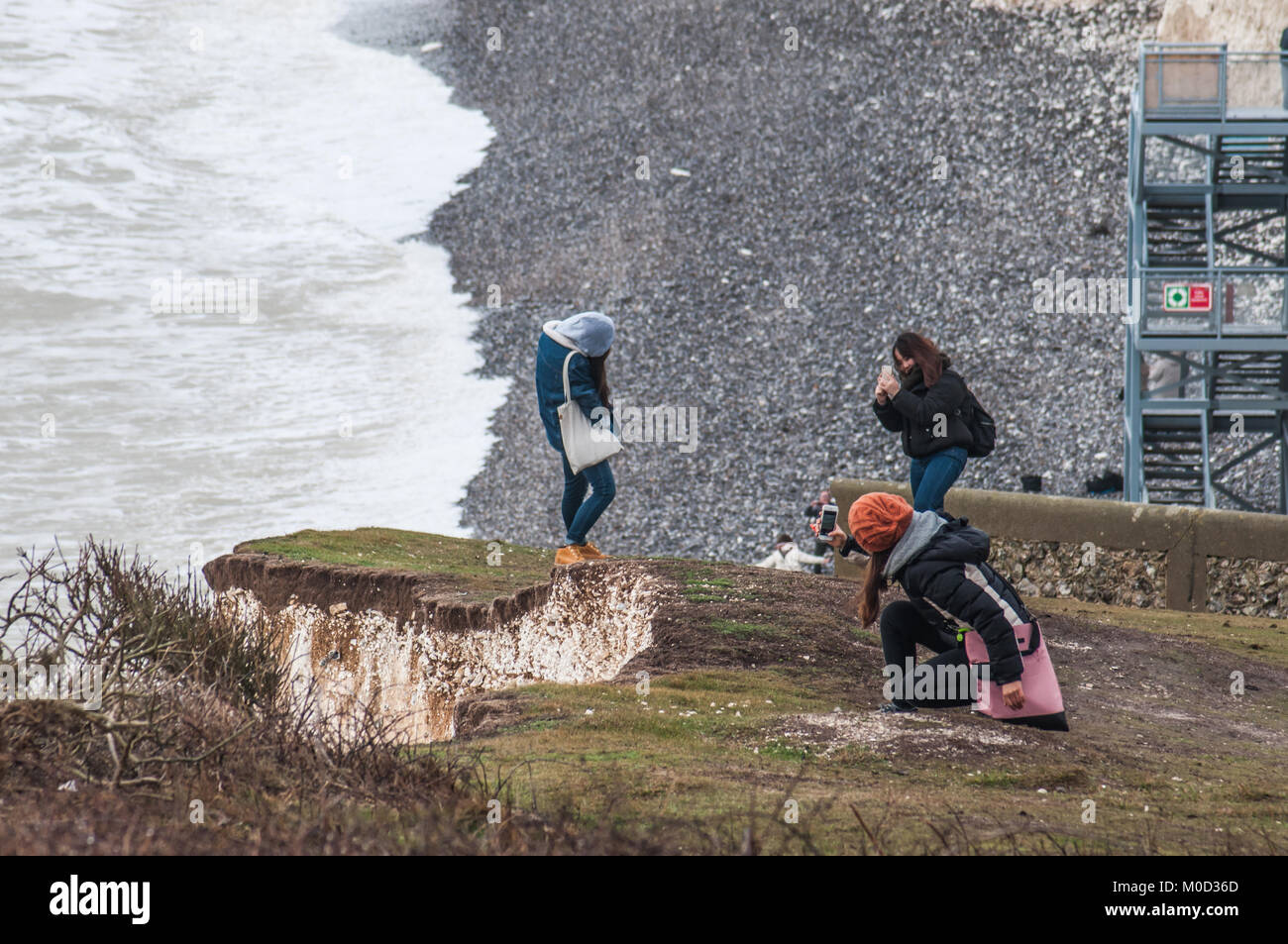 Birling Gap, East Sussex, UK 20 January 2018.. Erosion of the chalk ...