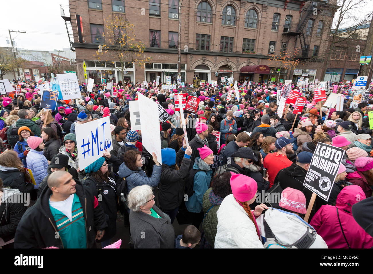 Seattle, Washington: Demonstrators crowd Pine Street for the Seattle ...