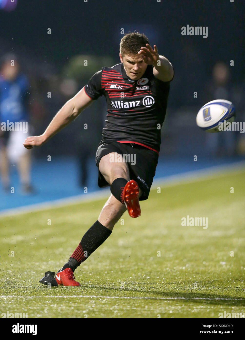 Saracens' Owen Farrell kicks a conversion during the European Rugby ...