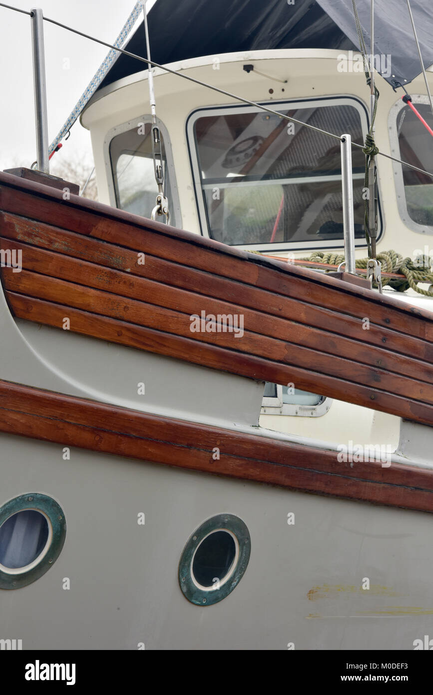 A fisher motor sailer yacht out of the water on the hard for the winter ...