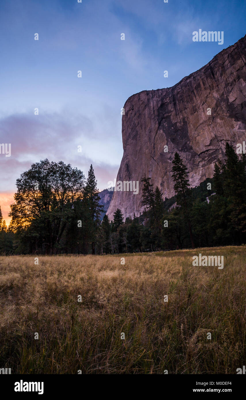 El Capitan at sunset / dusk as seen from the valley floor, Yosemite ...