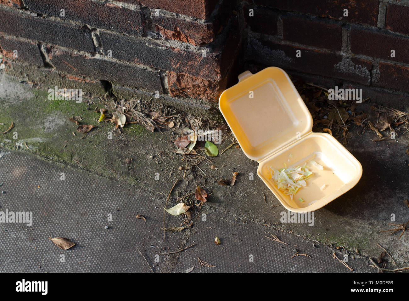 top view of take away fast food packaging box with remains thrown on ...