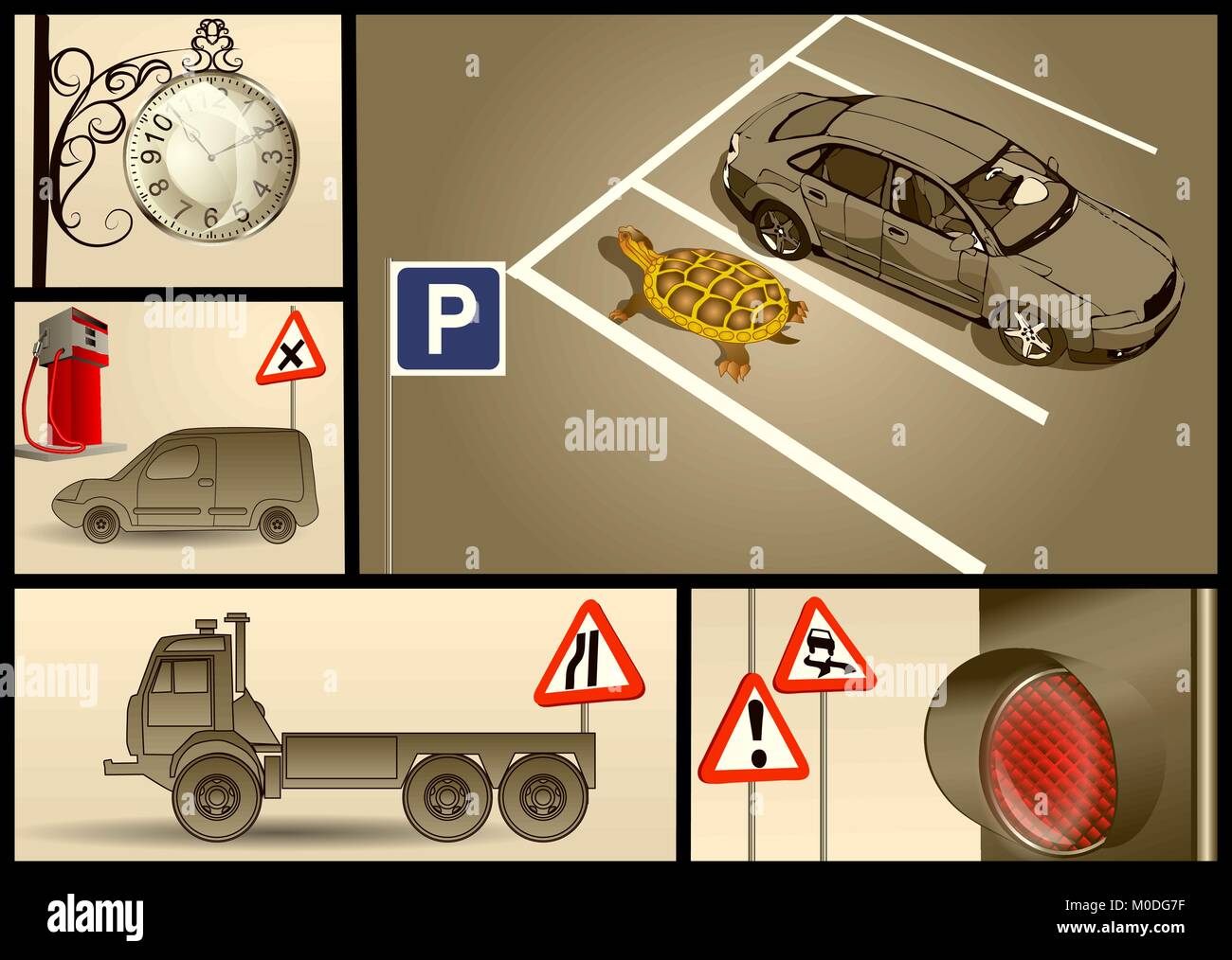 designer set for car parking with cars, turtle, clock Stock Vector ...