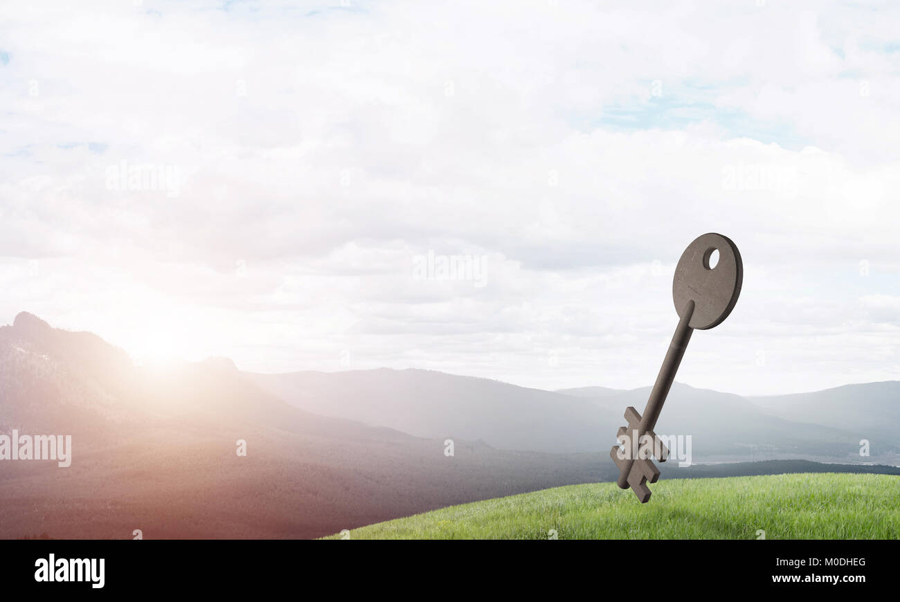 Conceptual background image of concrete key sign and natural landscape ...