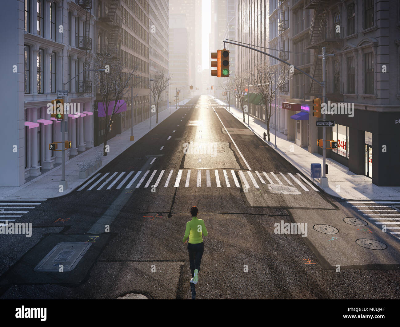 young woman jogging alone in the streets of city. 3d rendering Stock ...