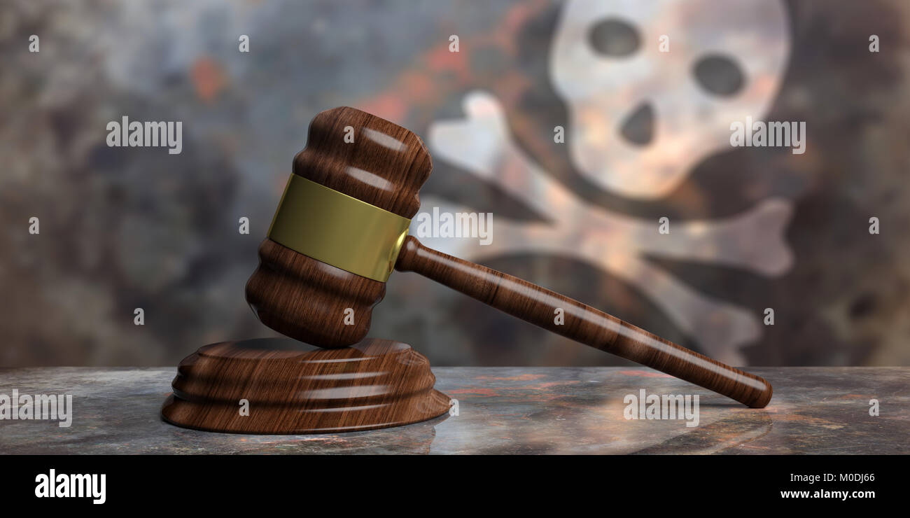 Judge or auction gavel on a waving flag with a skull background. 3d ...