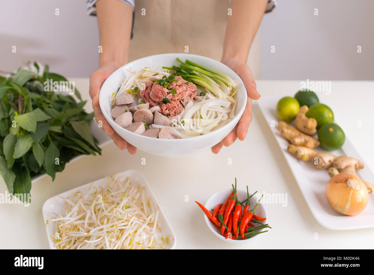 Female chef prepare traditional Vietnamese soup Pho bo with herbs, meat ...