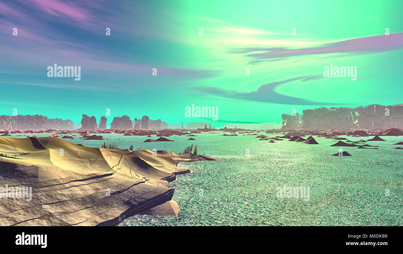Mountain and lake. Landscape of stranger planet. 3D illustration Stock ...