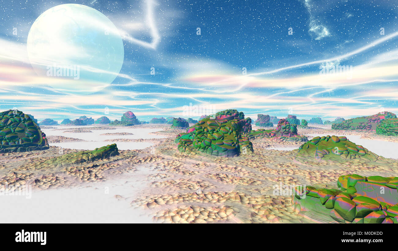 Mountain and lake. Landscape of stranger planet. 3D illustration Stock ...