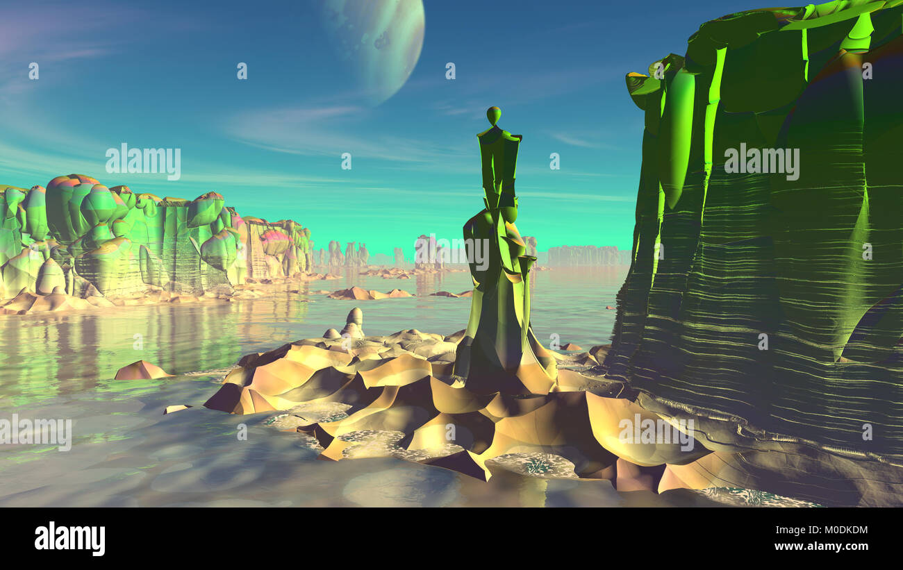 Mountain and lake. Landscape of stranger planet. 3D illustration Stock ...