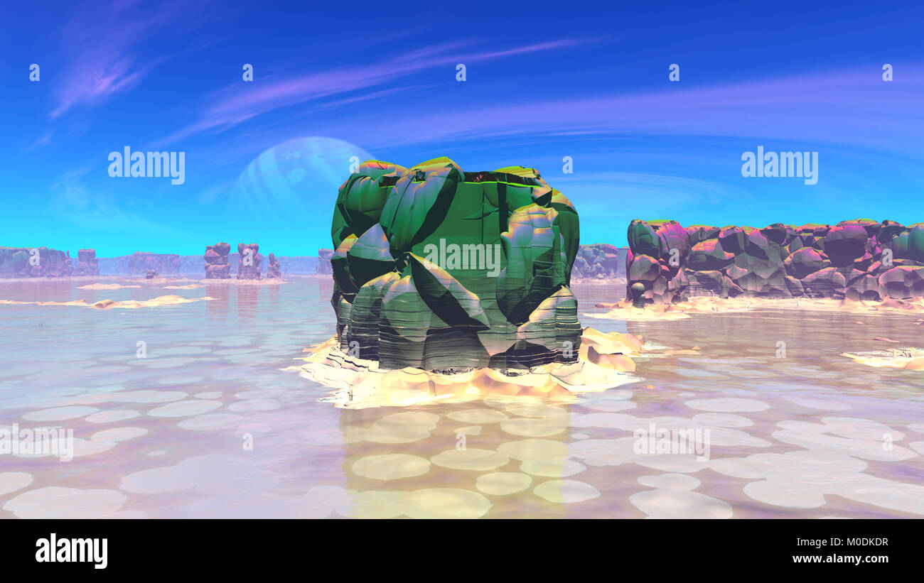 Mountain and lake. Landscape of stranger planet. 3D illustration Stock ...