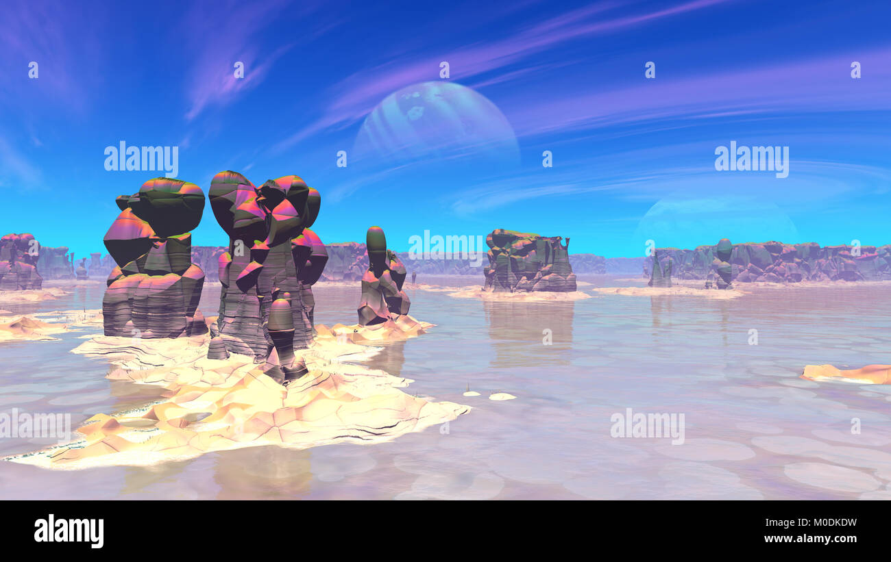 Mountain and lake. Landscape of stranger planet. 3D illustration Stock ...