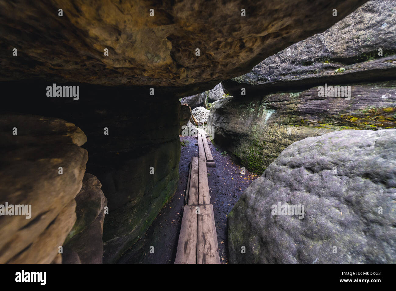 Tourist path in rocky labirynth called Bledne Skaly (Errant Rocks) in ...
