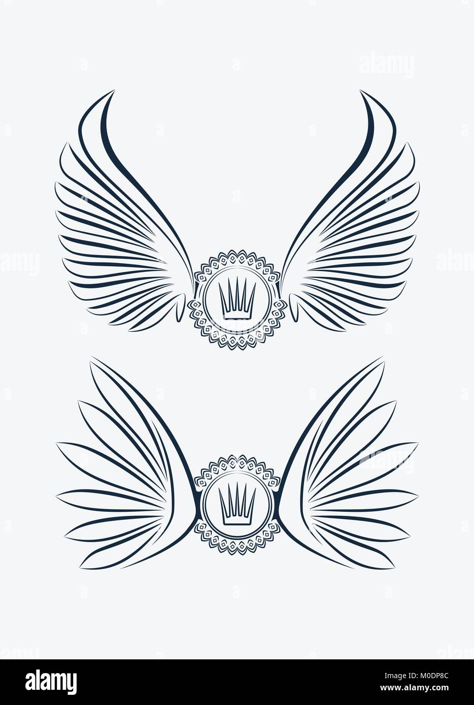 Set of two outlined heraldic designs with wings and crown Stock Vector ...