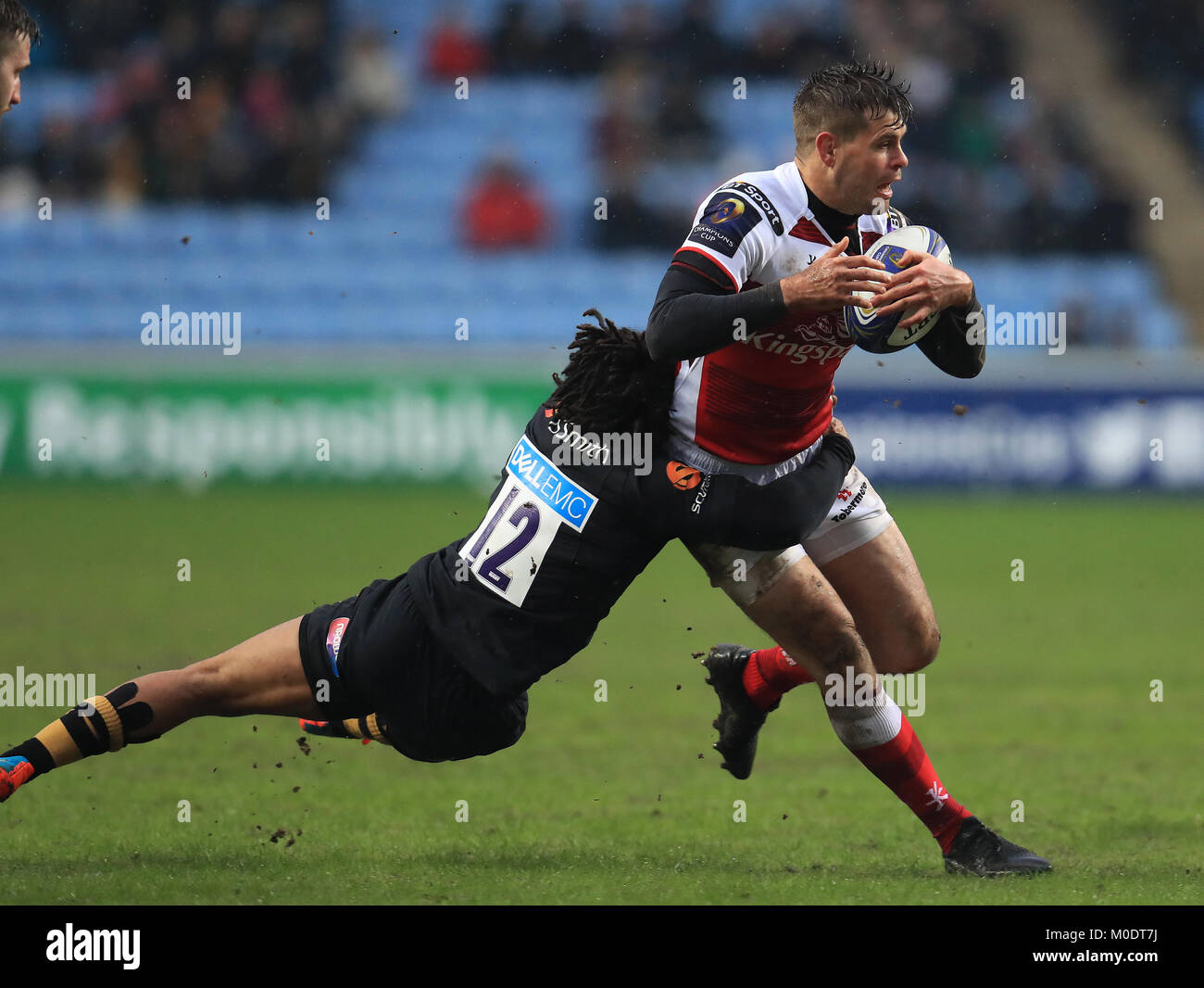 Wasps' Kyle Eastmond tackles Ulster's Louis Ludik during the European ...
