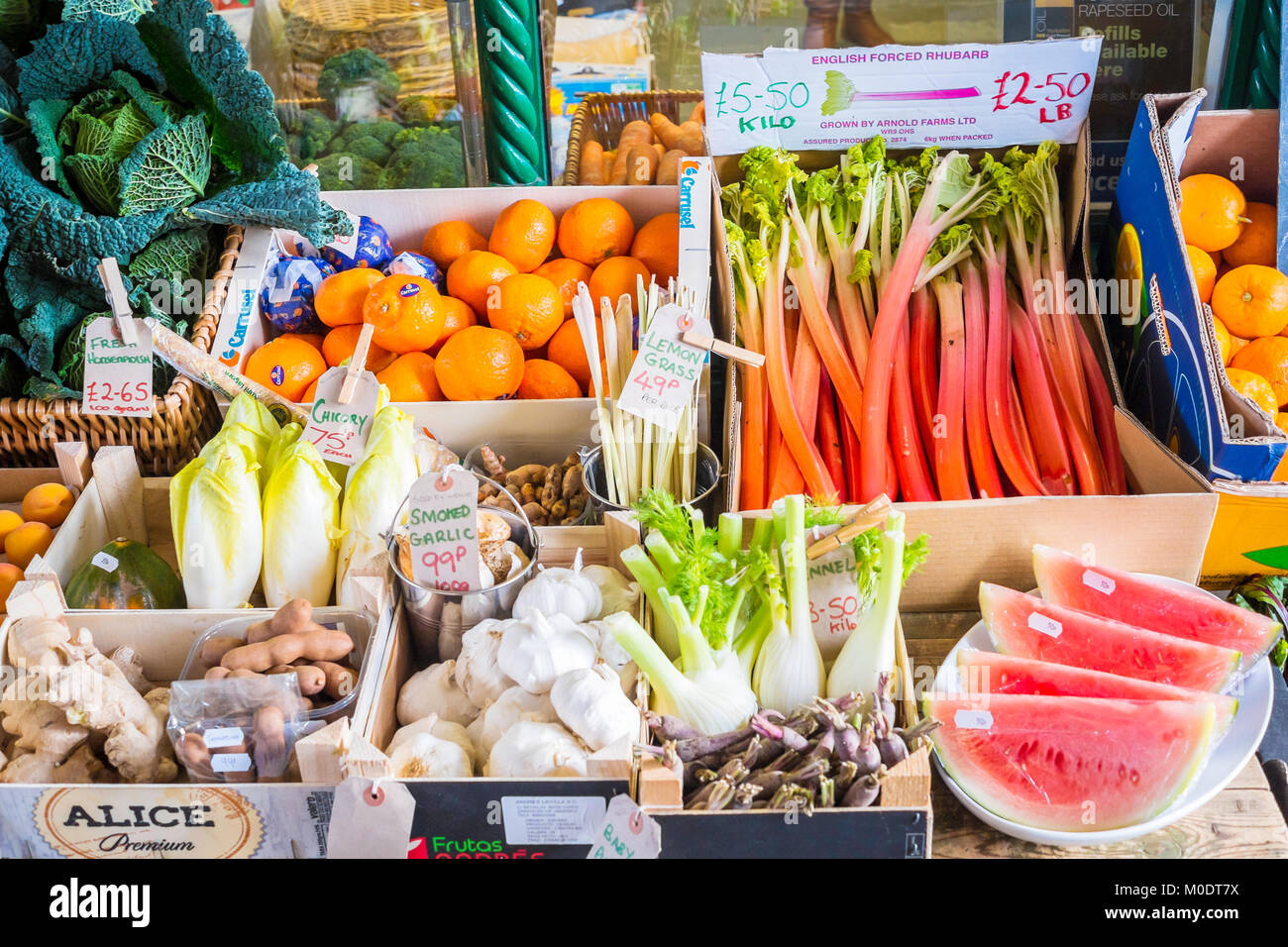 An attractive display of winter fruit and vegetables with 2018 price ...