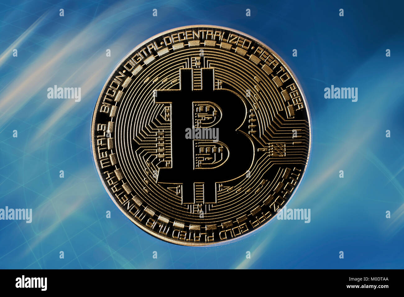 bitcoin on blue background Stock Photo - Alamy