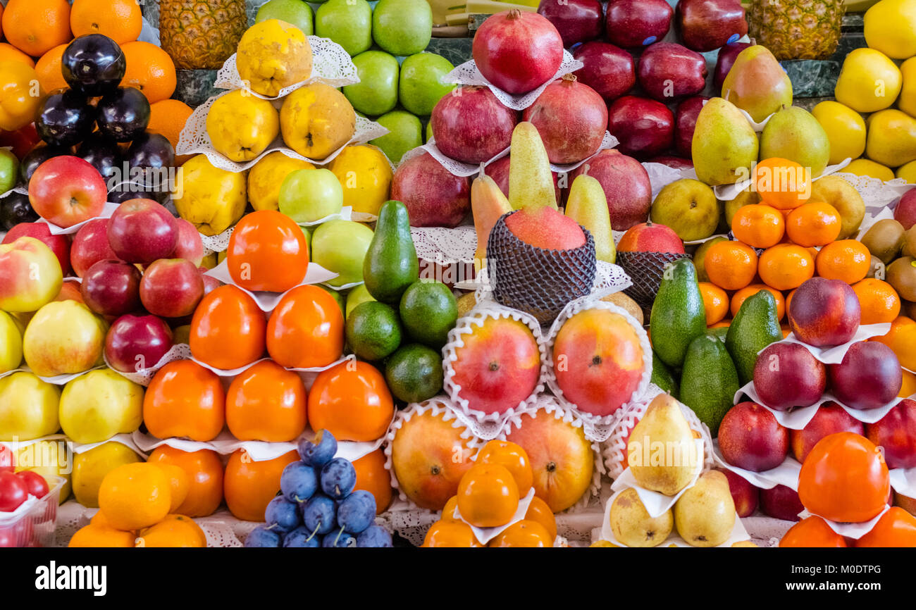 fruit mix, combination of different fruits, decoration on market stall ...