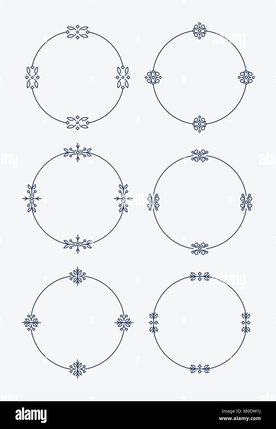 Set of 6 thin round decorative frames in monoline style with round ...