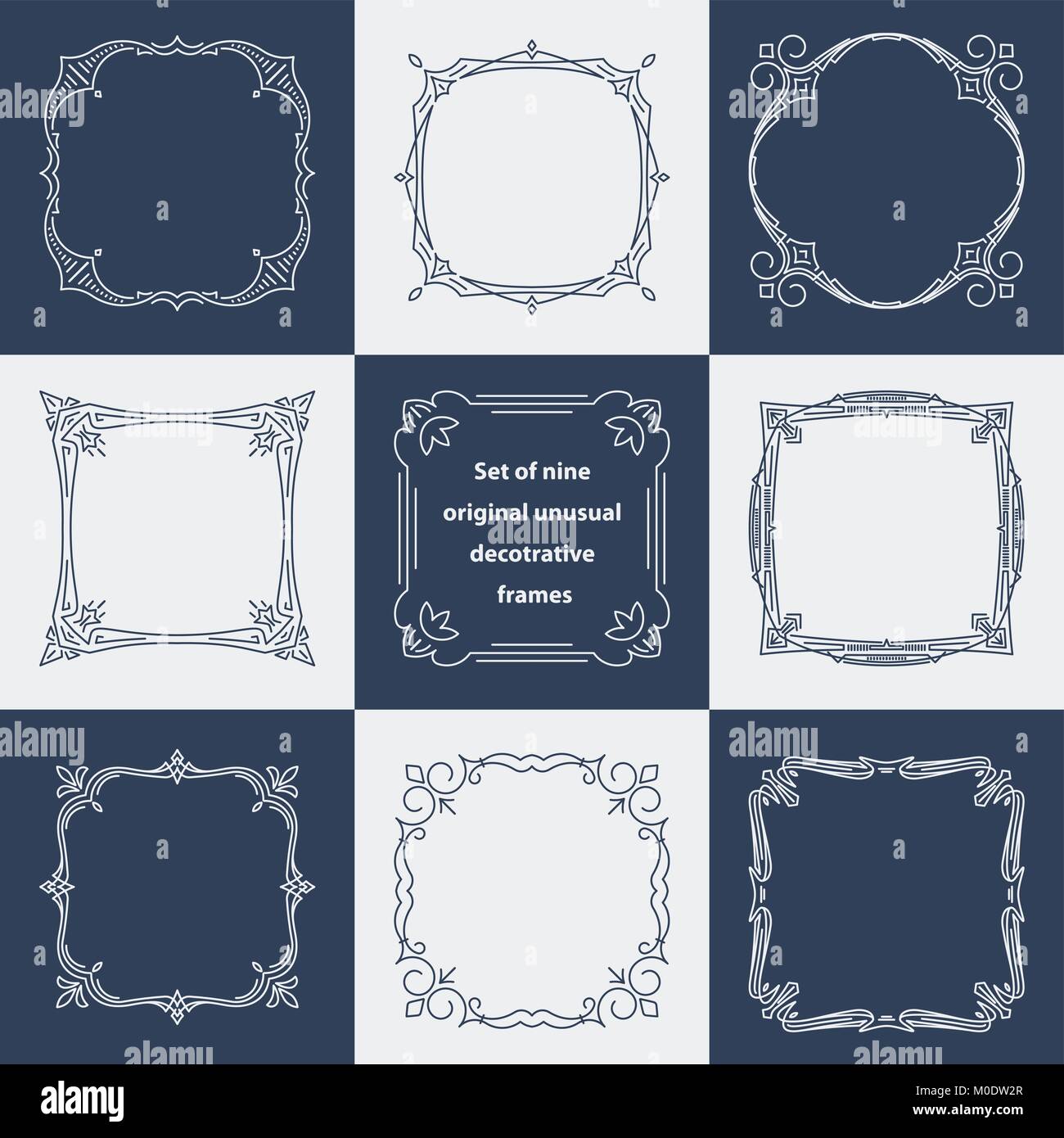 Set of 9 unusual decorative vintage frames in mono line style. Abstract ...