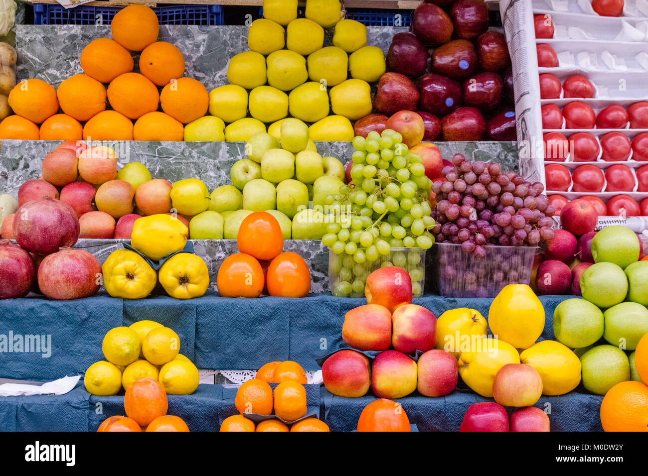 fruit mix, combination of different fruits, decoration on market stall ...