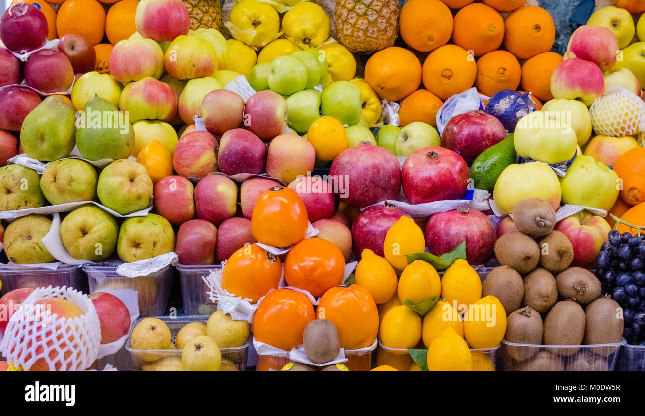 fruit mix, combination of different fruits, decoration on market stall ...