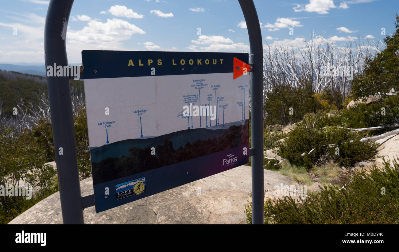 Australian Alps and melbourne lookout signs on top of Lake Mountain ...