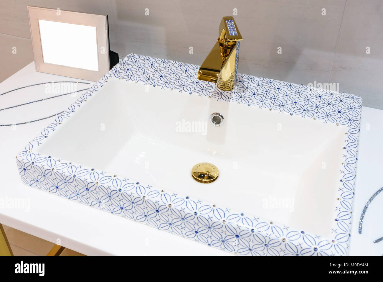 Interior of bathroom with sink basin faucet and mirror. Modern design ...