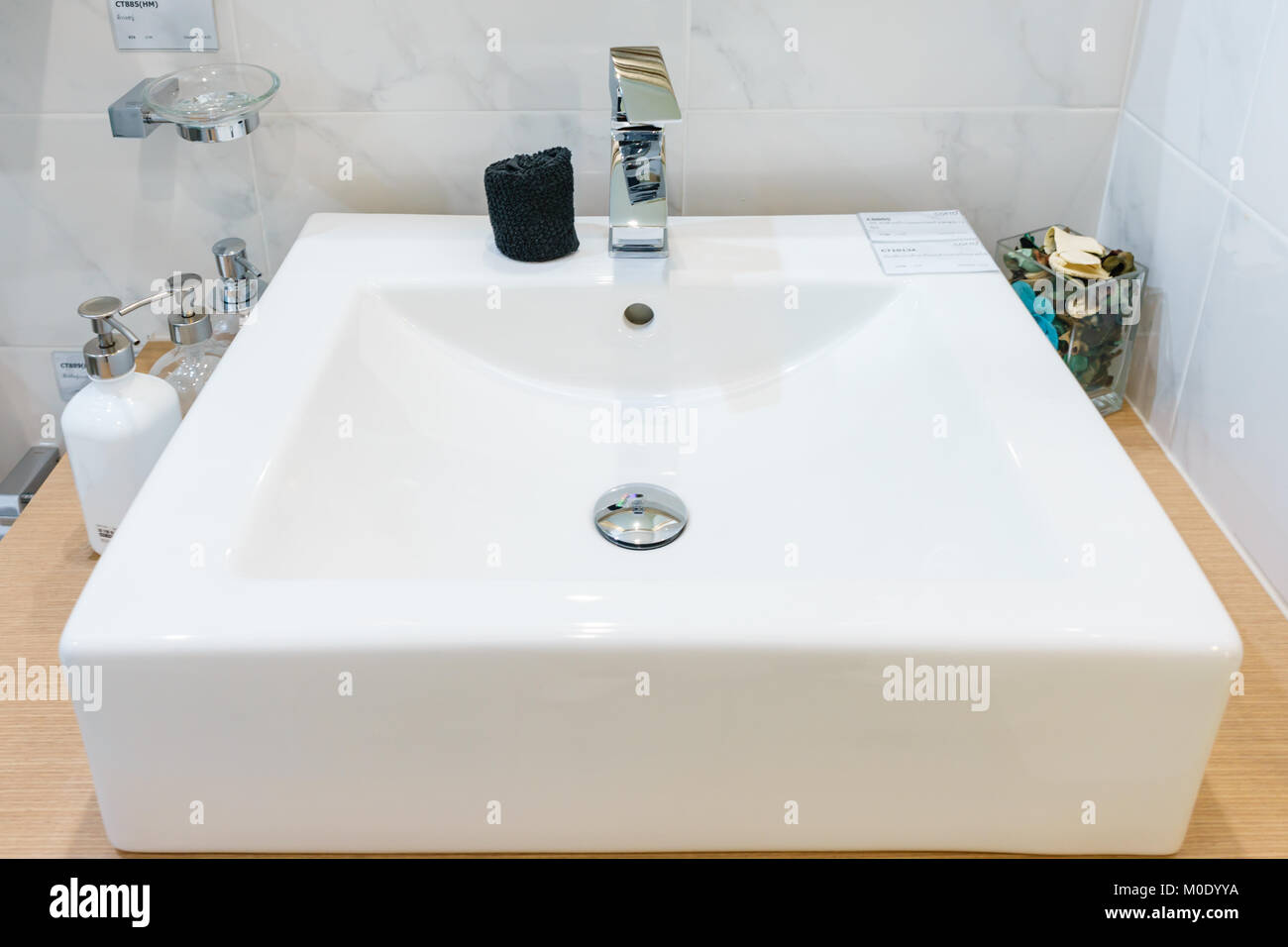 Interior of bathroom with sink basin faucet and mirror. Modern design ...