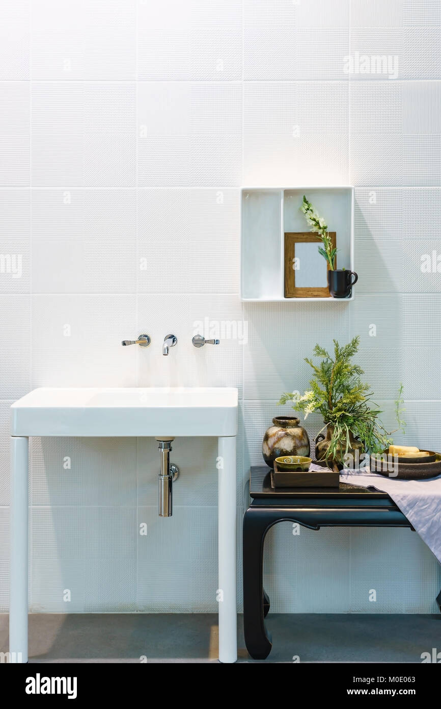 Interior of bathroom with sink basin faucet and mirror. Modern design ...