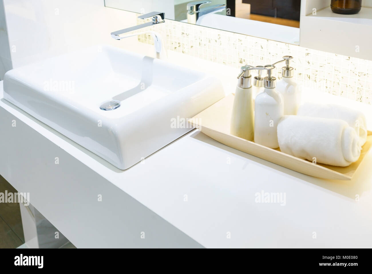 Interior of bathroom with sink basin faucet and mirror. Modern design ...