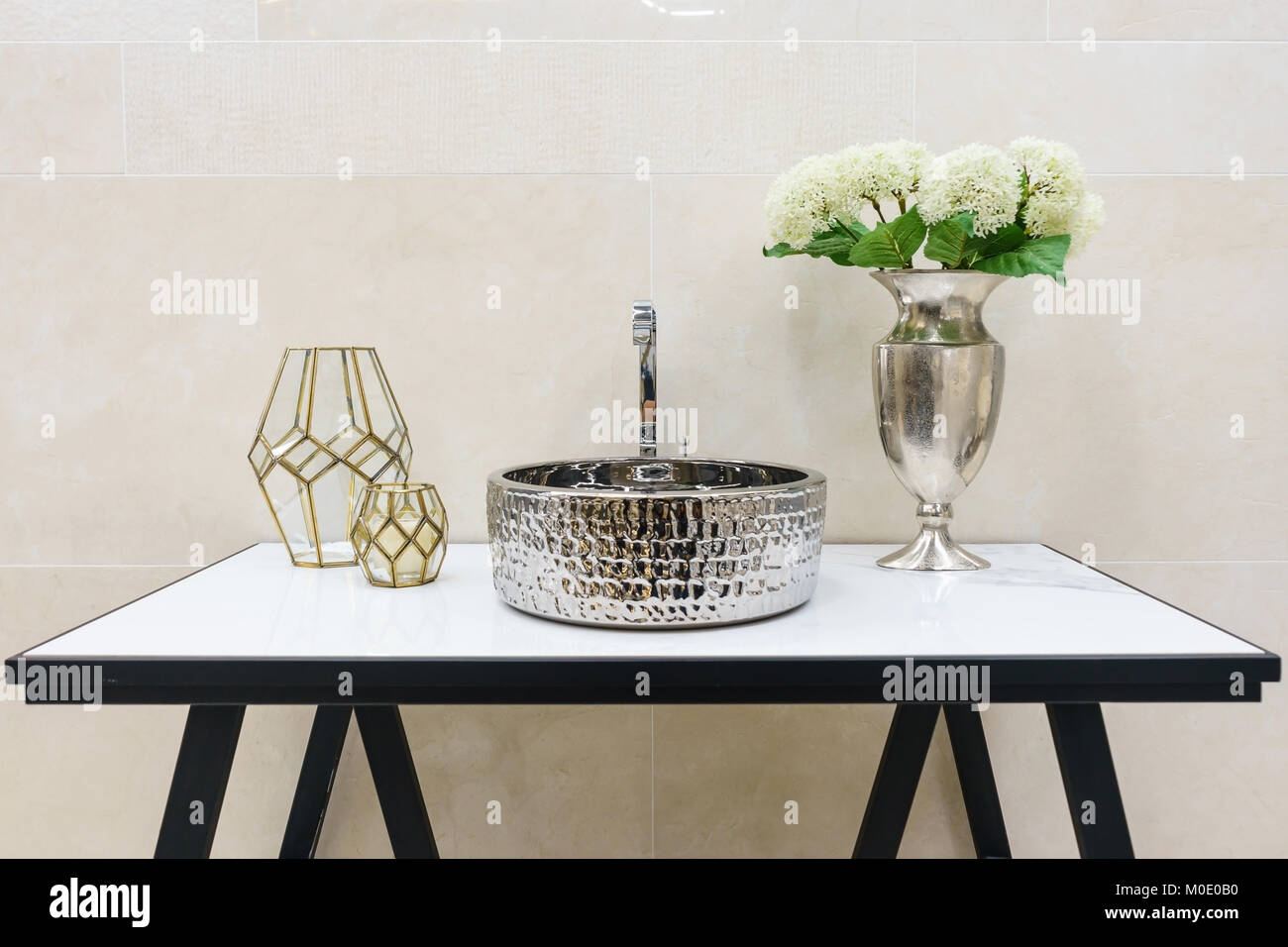 Interior of bathroom with sink basin faucet and mirror. Modern design ...