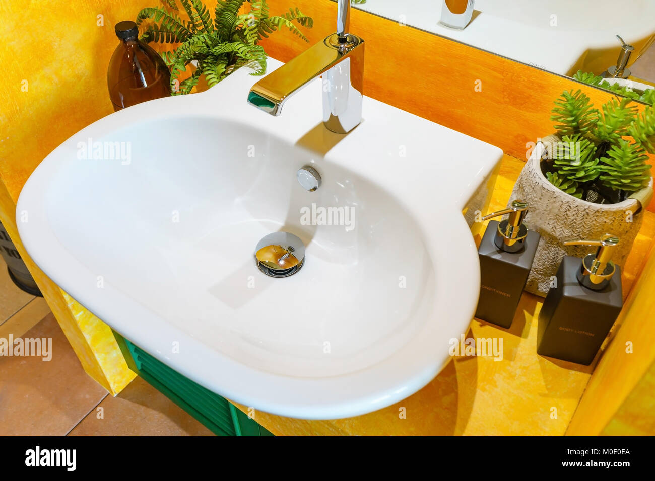 Interior of bathroom with sink basin faucet and mirror. Modern design ...
