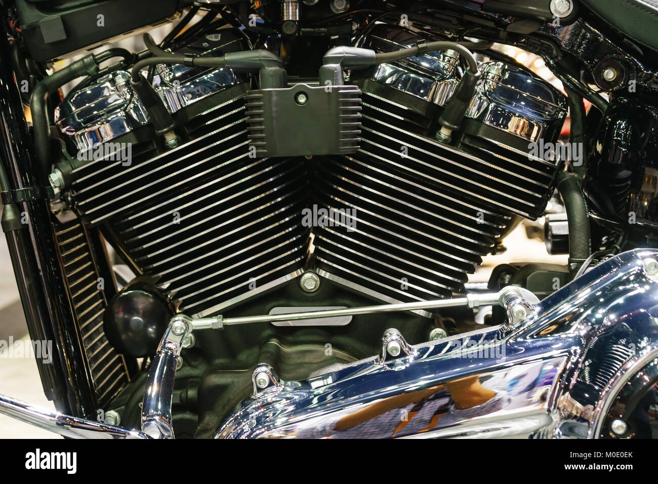 Motorcycle close-up. Detail of a beautiful powerful chrome motorcycle ...