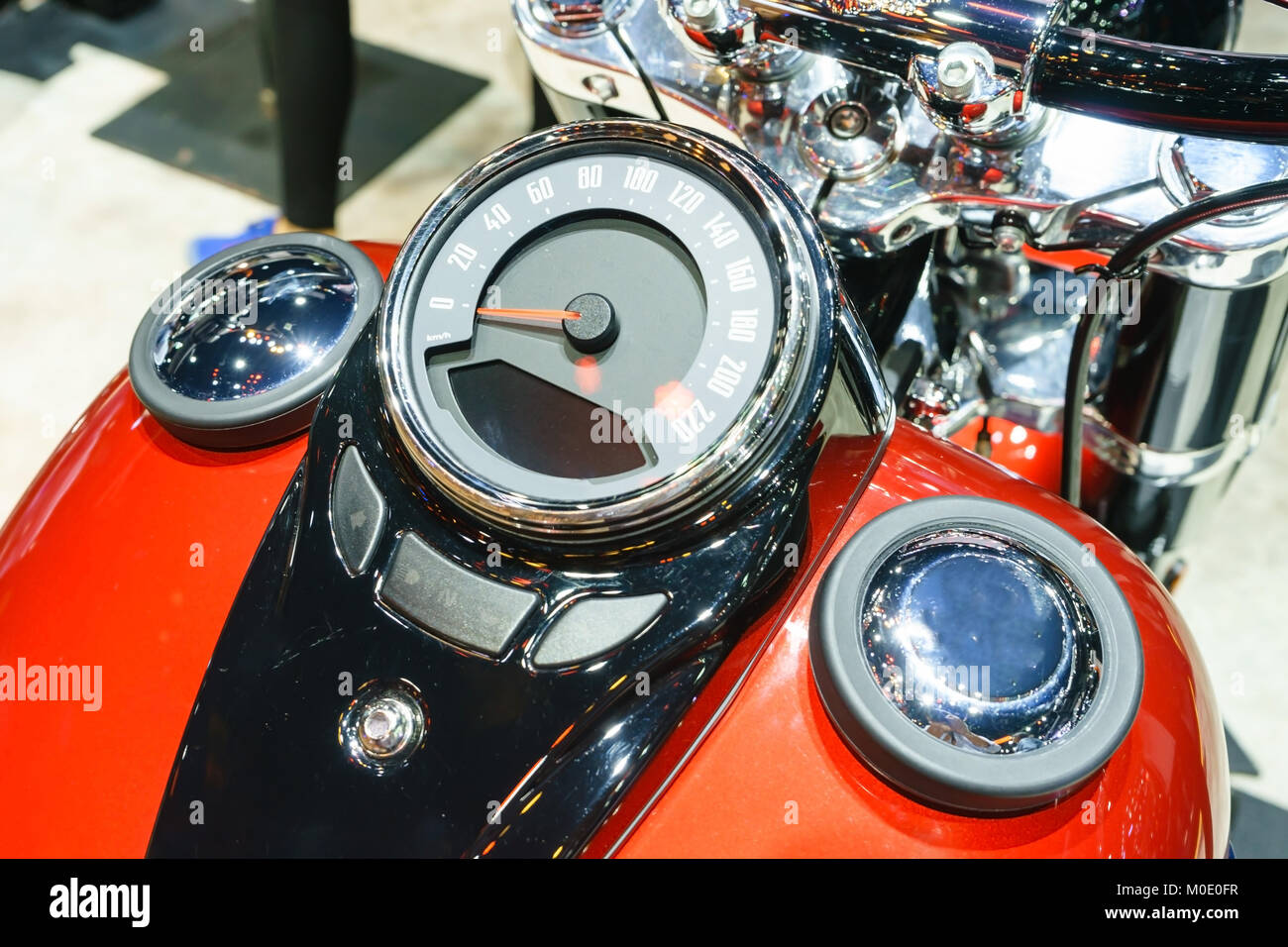 Chromed speedometer of classic design retro motorcycle closeup ...