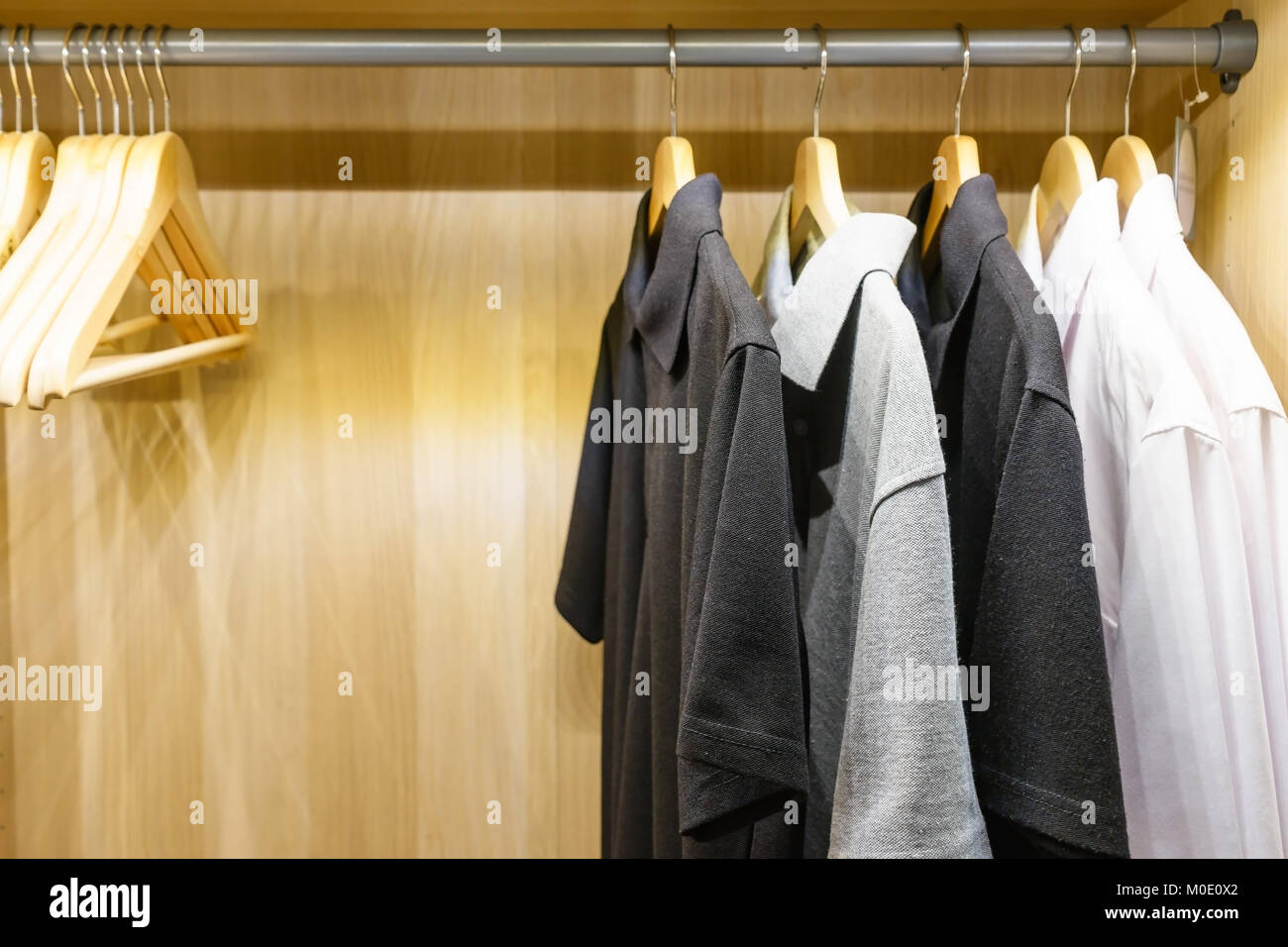 wooden wardrobe in walk in closet with clothes hanging on rail ...