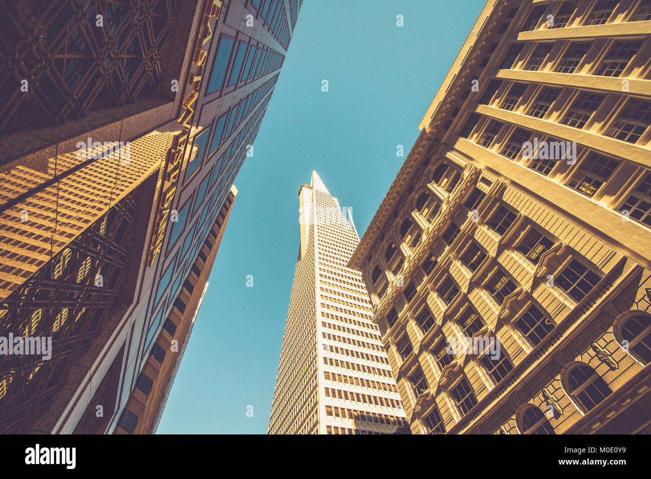 San Francisco highrises skyscrapers buildings photographed from a low ...