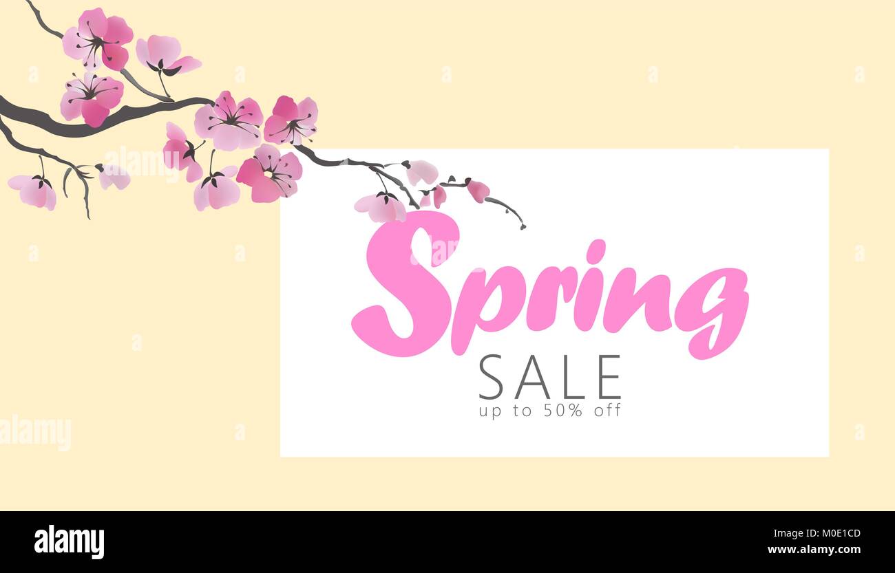 Vector watercolor sakura blossom spring sale banner template. Pink ...