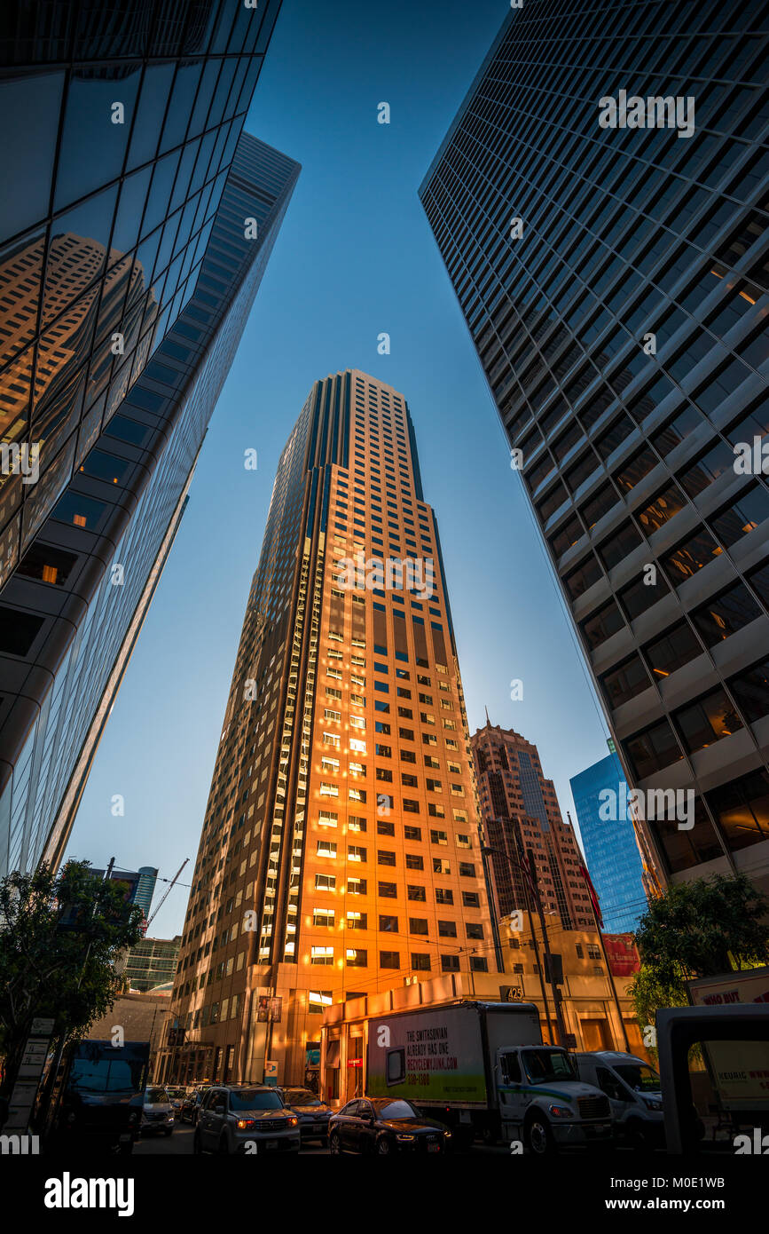 San Francisco highrises skyscrapers buildings photographed from a low ...