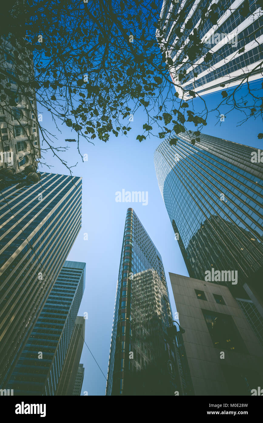 San Francisco highrises skyscrapers buildings photographed from a low ...