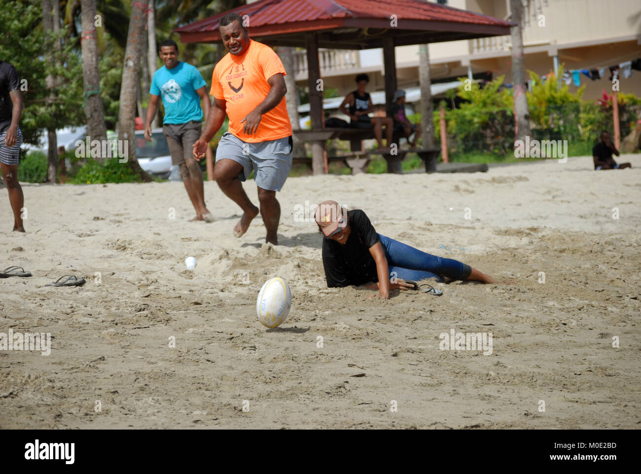 Fijian men playing rugby on Palm Beach, Pacific Harbour, Fiji Stock ...